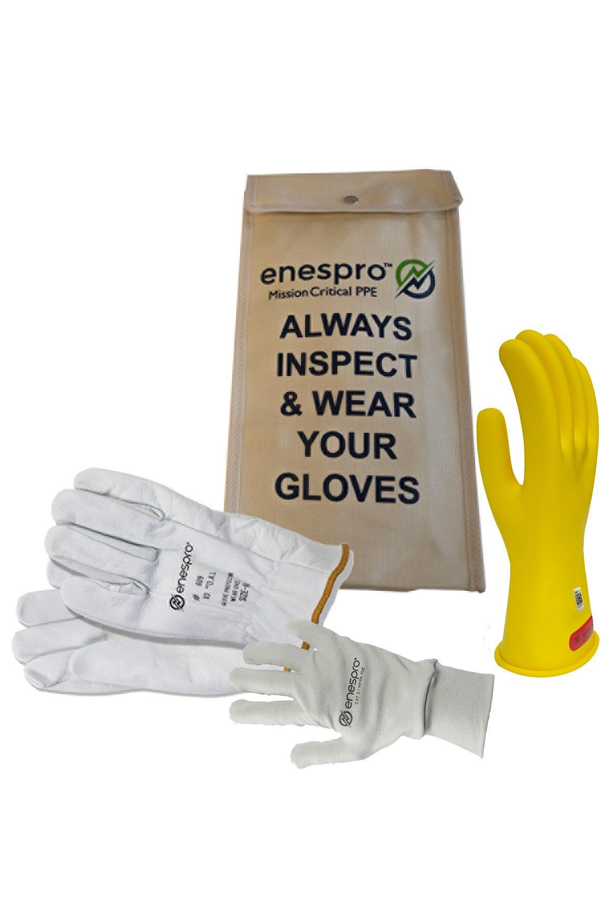 Enespro Class 0 Black Rubber Voltage Insulating Glove Premium Kit with FR Knit Glove and Leather Protectors, Max. Use Voltage 1,000V AC/ 1,500V DC, KITGC0B09AG