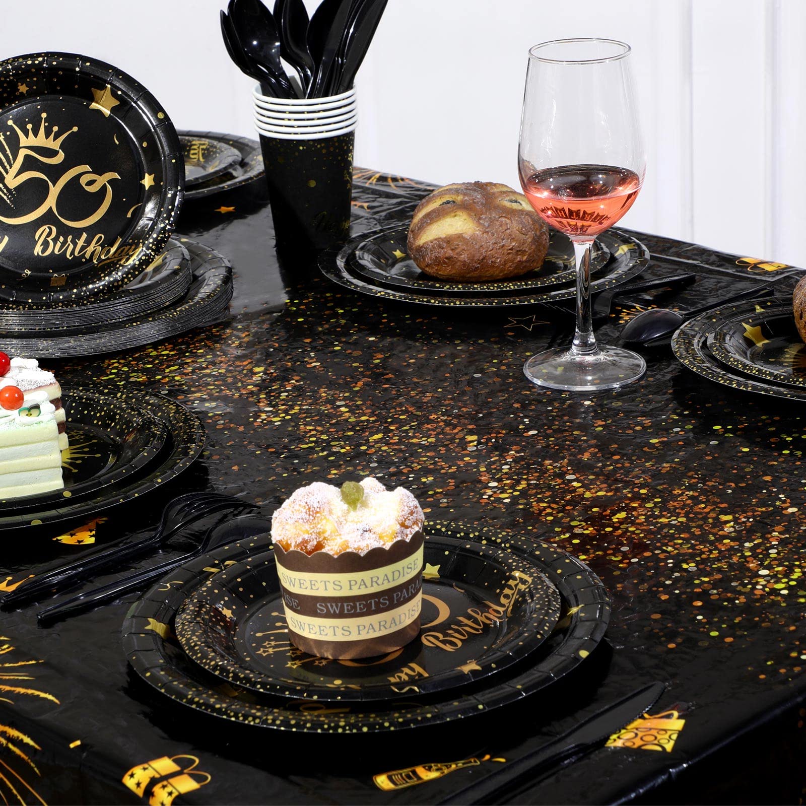 Remagr 6 Pack 50th Birthday Tablecloth Disposable Plastic Happy Birthday Table Cover Rectangular Black and Gold Table Cloths 50th Birthday Decorations Men Women, 54 x 108 Inch(50th)