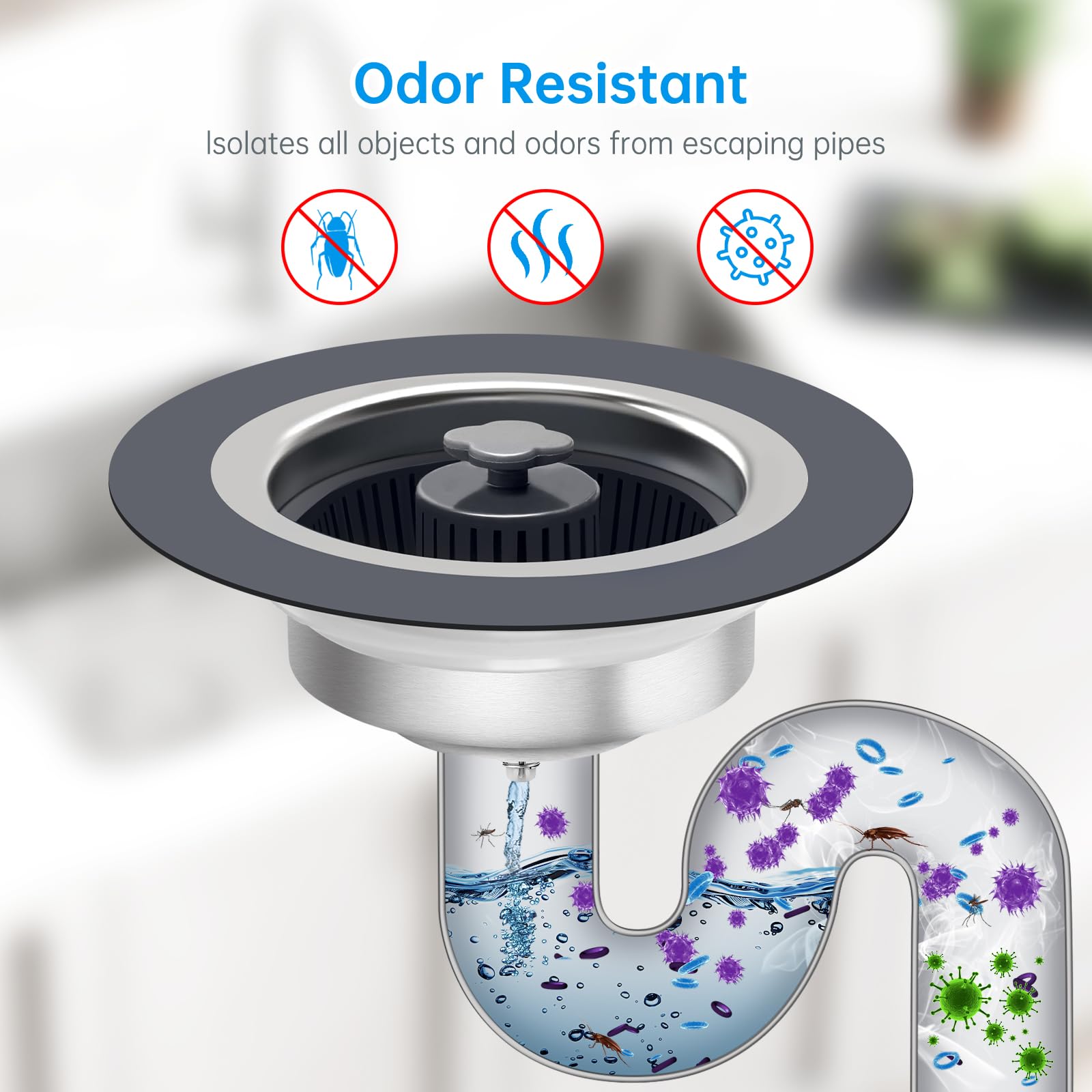 AKKEEAHS Kitchen Sink Drain Strainer Stopper 304 Stainless Steel Pop Up Kitchen Sink Stopper Anti-Clogging Kitchen Sink Strainer Basket Filter for US Standard 3-1/2 Inch Drain