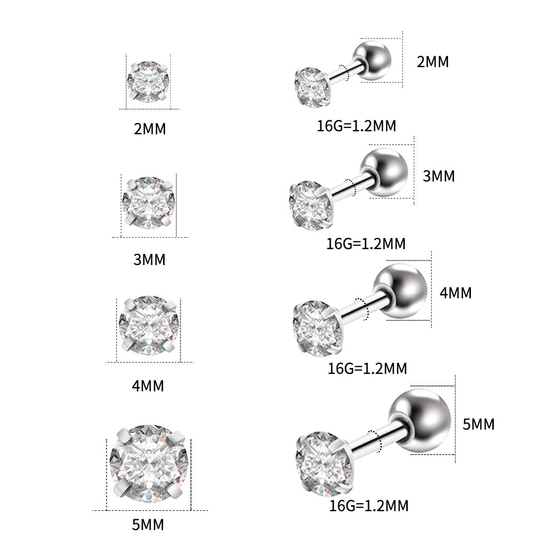 8pcs Cartilage Earrings Stud Sets with Cubic Zirconia,16G Surgical Steel Helix Earrings Piercing Jewelry,2mm-5mm,Silver