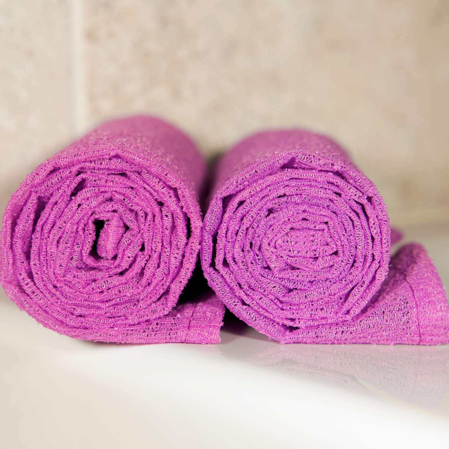 Extra Long (36 Inches) Exfoliating Bath Cloth/Towel (4 Pack) Gray, White, Green, and Lavender Nylon Bath Cloth/Towel, Stitching on All Sides for Added Durability