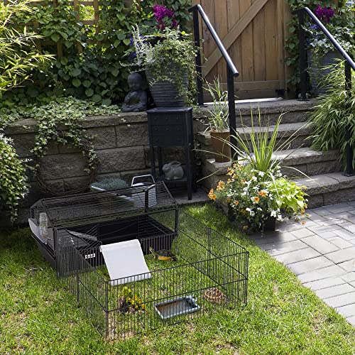 PawHut 2-Level Rolling Small Animal Playpen & Cage, Foldable Small Rabbit Fence, Guinea Pig House, Hedgehog Cage, Water Bottle, Water Bowl, Pet Exercise Pen, 35" L