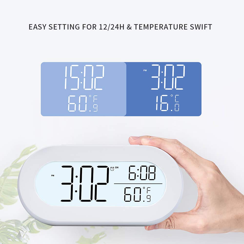 AIJIAXING Digital Alarm Clocks for Desk or Bedroom, Small Alarm Clocks for Kids,with Soft Backlight, Snooze and Temperature, Battery Operated - White…