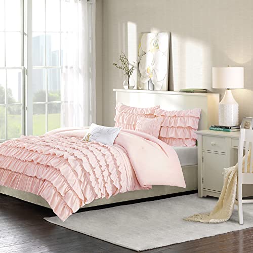 Intelligent Design Cozy Comforter Casual Waterfall Multi Layer Ruffle All Season, Hypoallergenic Cover, Soft Bedding Set with Matching Sham, Decorative Pillow, Twin/Twin XL(68"x90"), Blush