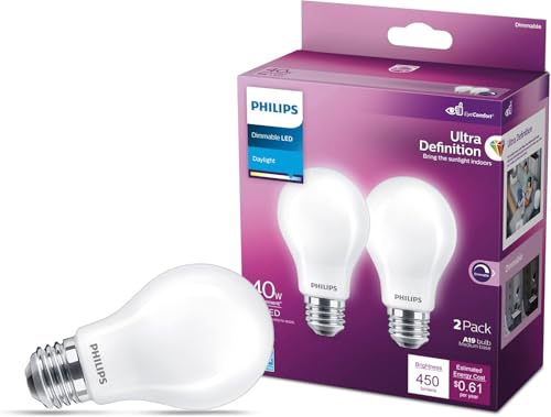 PHILIPS LED Frosted Flicker-Free Dimmable A19 Ultra Definition Light Bulb, EyeComfort Technology, 800 Lumen, Daylight (5000K), 8W=60W, E26 Base, Title 20 Certified