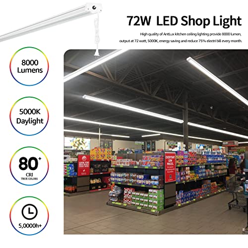 ANTLUX 8FT LED Shop Lights for Garage 8 Foot Linear Strip Light, 72W 8000LM, 5000K, Workshop Warehouse Ceiling Lighting Fixtures with on/Off Switch, Plug in, 8β Fluorescent Tube Replacement, 4 Pack