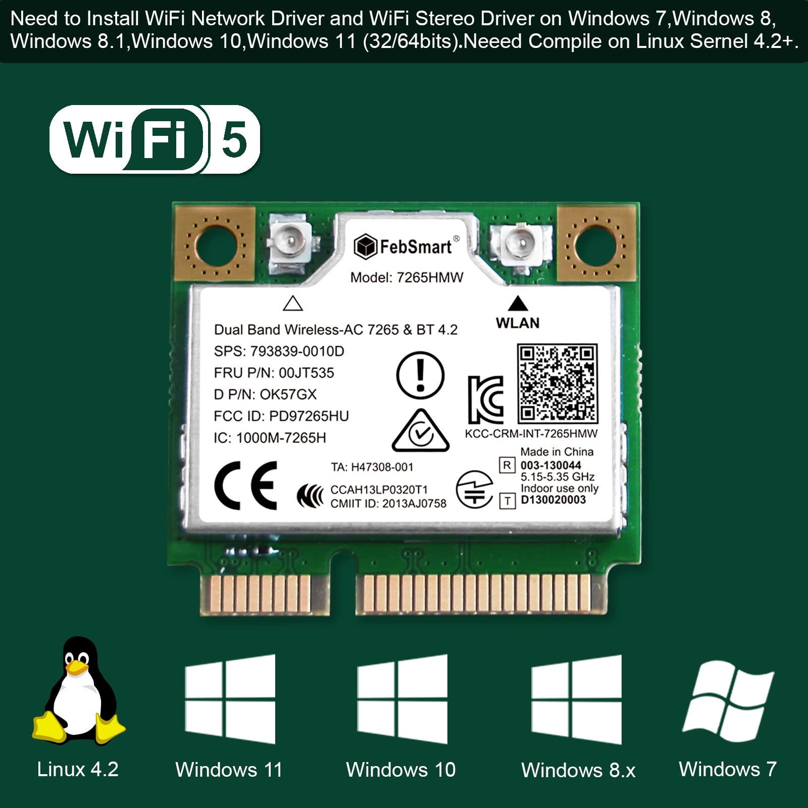 FebSmart Mini PCIE WiFi Adapter with WiFi Stereo Adapter, Wireless-AC 1200Mbps (2.4GHz 300Mbps or 5G 867Mbps), for Windows 7, 8.1, 10, 11(32/64bit) & Linux 4.2+, Wireless-AC 7265HMW