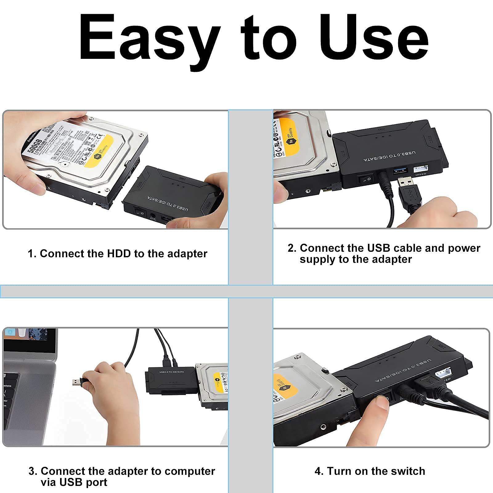EYOOLD USB 3.0 to SATA IDE Adapter, Hard Drive Reader External Ultra Recovery Converter Compatible with 2.5" 3.5" HDD, SSD,5.25-inch DVD/CD-ROM Optical Drive Data Transfer with Power Supply