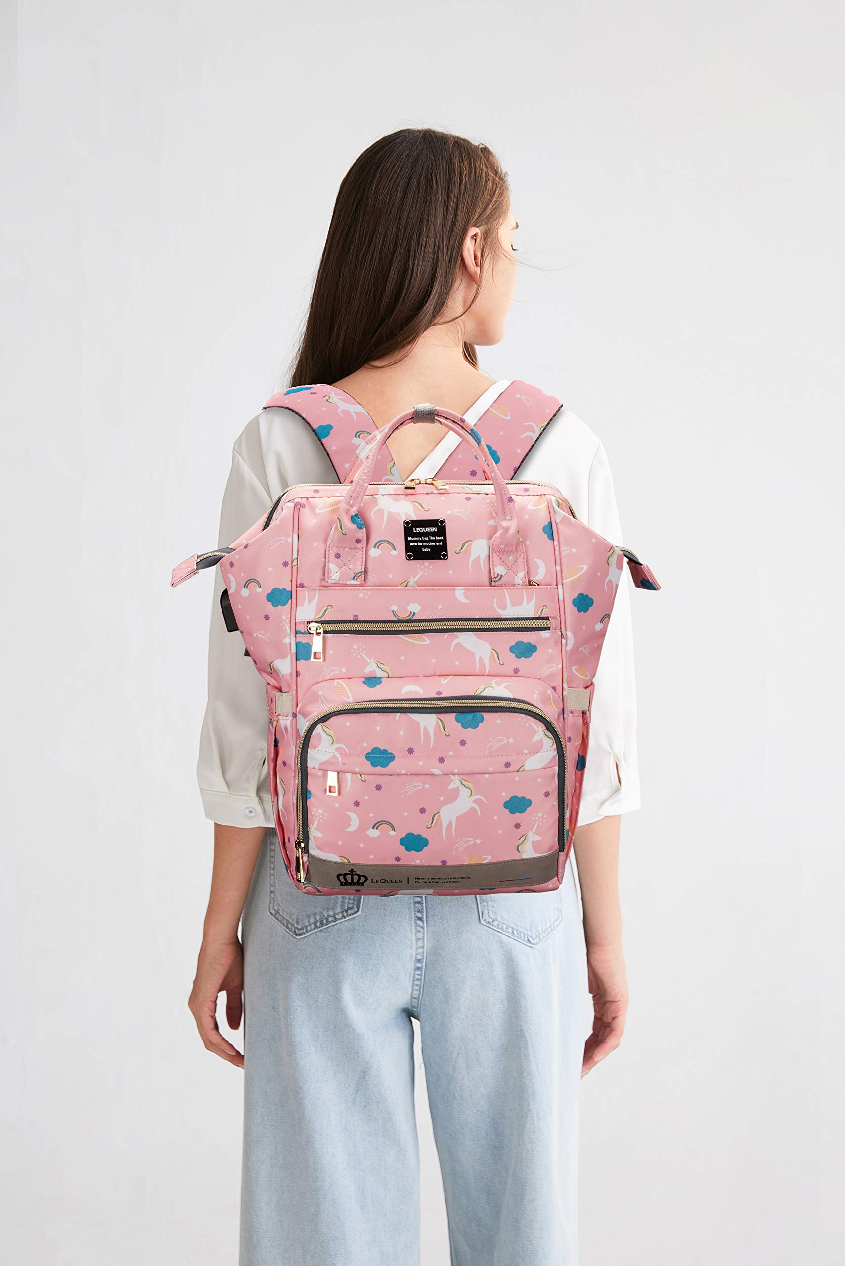LEQUEEN Diaper Bag Backpack, Unicorn Multifunction Travel Back Pack Maternity Baby Changing Bags (Pink)