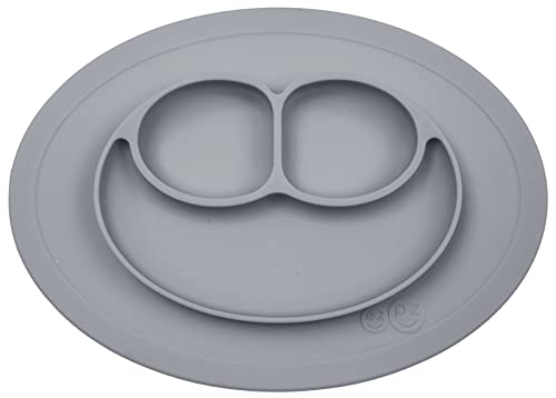 ezpz Mini Mat - 100% Silicone Suction Plate with Built-in Placemat for Infants + Toddlers - First Foods + Self-Feeding - Comes with a Reusable Travel Bag (Gray)
