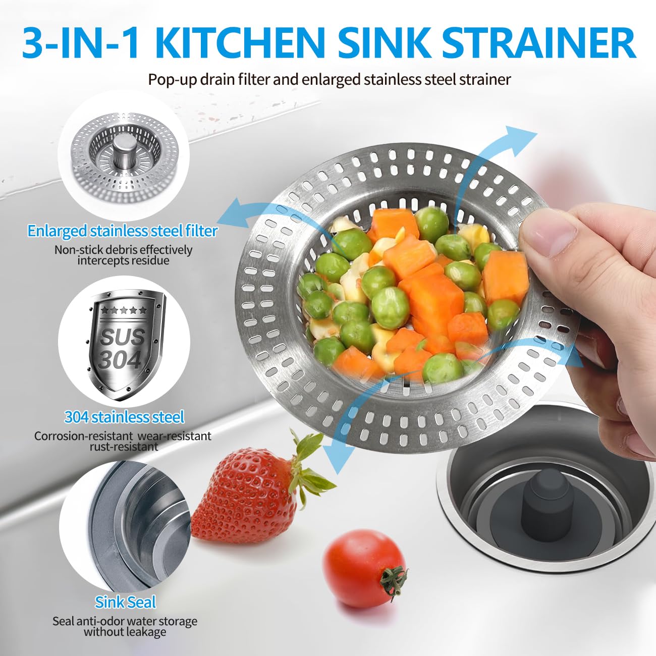 AAEJE【2024 New Upgrade】 3 in 1 Kitchen Sink Drain Strainer,Stainless Steel Pop Up Sink Drain Strainer,Kitchen Sink Stopper for US Standard 3-1/2" Drain
