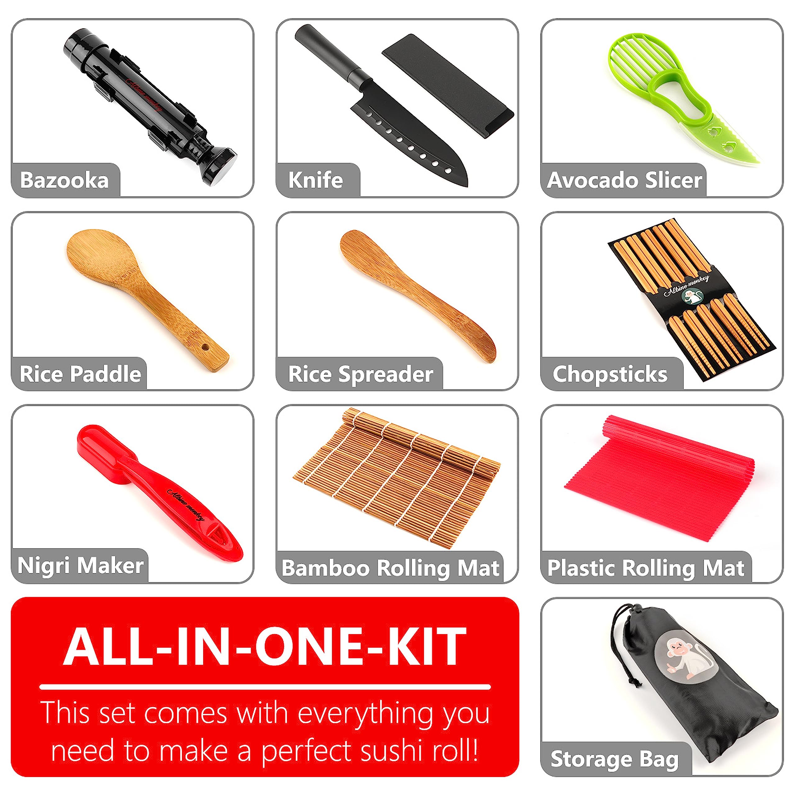 Albino monkey Sushi Making Kit - Elevate Your Sushi Skills in Minutes! Includes New Upgraded Sashimi Knife & Sushi Maker Bazooka, 2 Mats, Nigiri Tool, and More β Perfect for Beginners