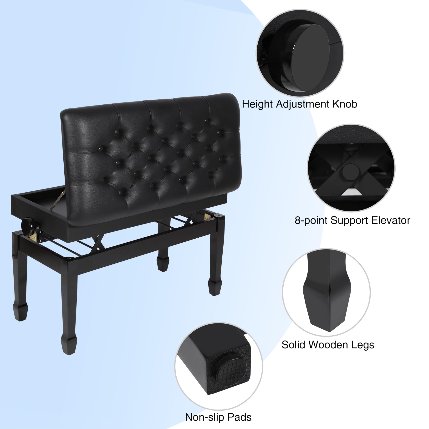 AKVOMBI Adjustable Duet Piano Bench with Storage, Heavy Duty Double Piano Benches with Leather Cushion, Black Piano Bench for Adults, 13.8" D x 31.5" W x 19.3" H
