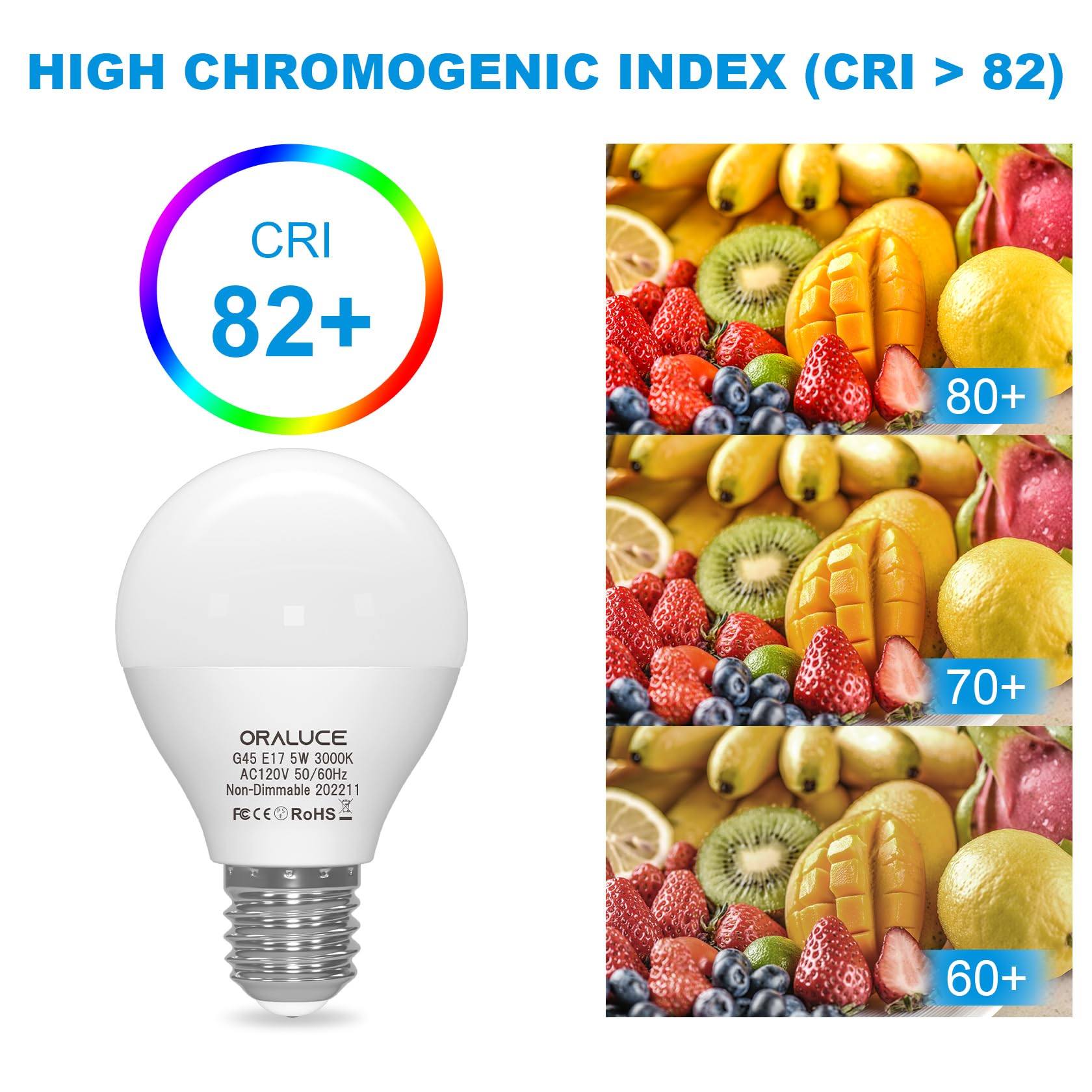 ORALUCE E17 LED Bulb 5 Watts Warm White 3000K, 40W Equivalent A15/G45 Globe Ceiling Fan Light Bulbs, 500 Lumens Non-Dimmable, 6 Pack