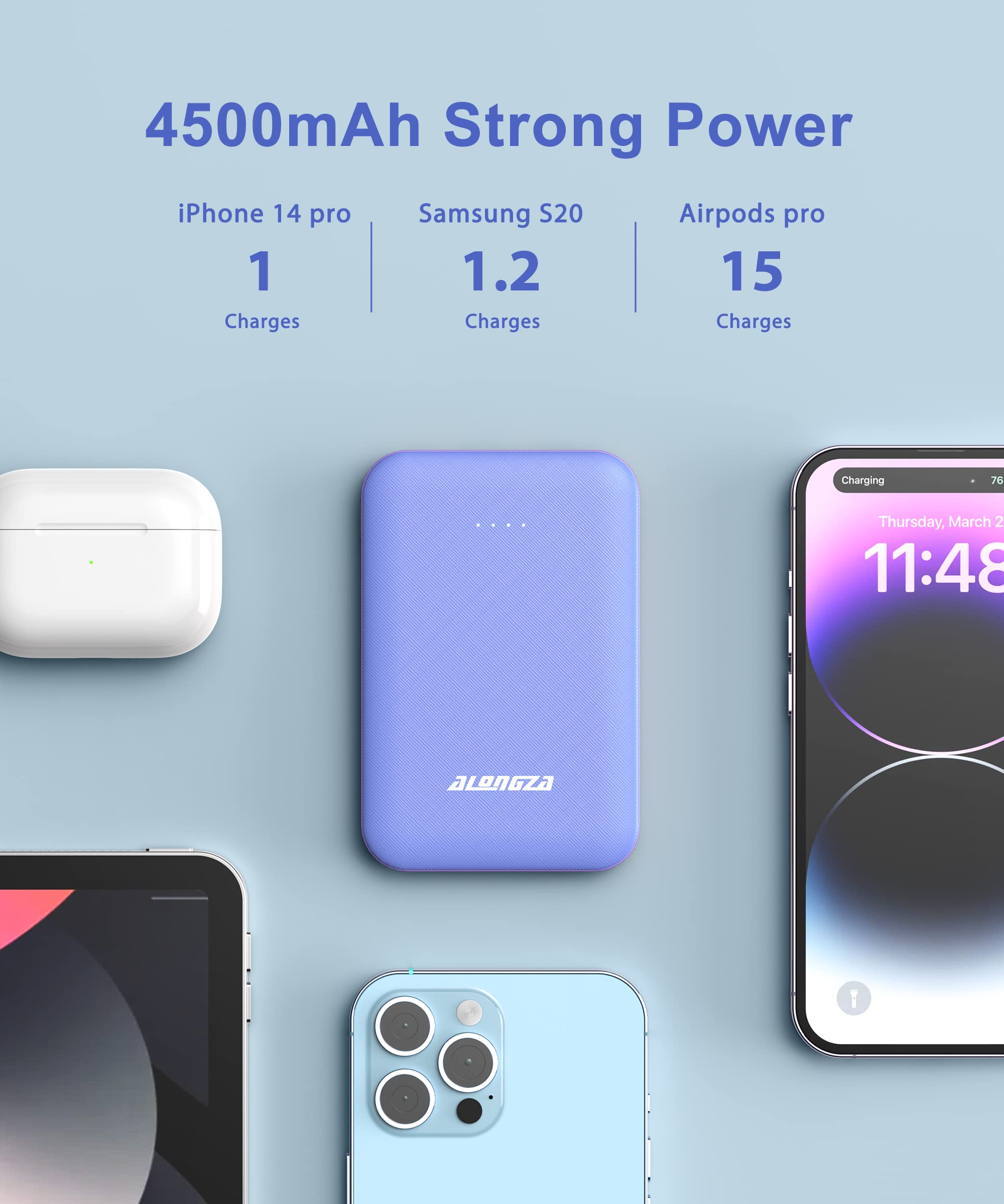 Alongza 3 Packs Portable Phone Charger with Built in Cable 4500mAh(2 Pack),10000mAh SLIN Power Bank Attached Cords, Battery Pack Fast Charging for iPhones and Androids