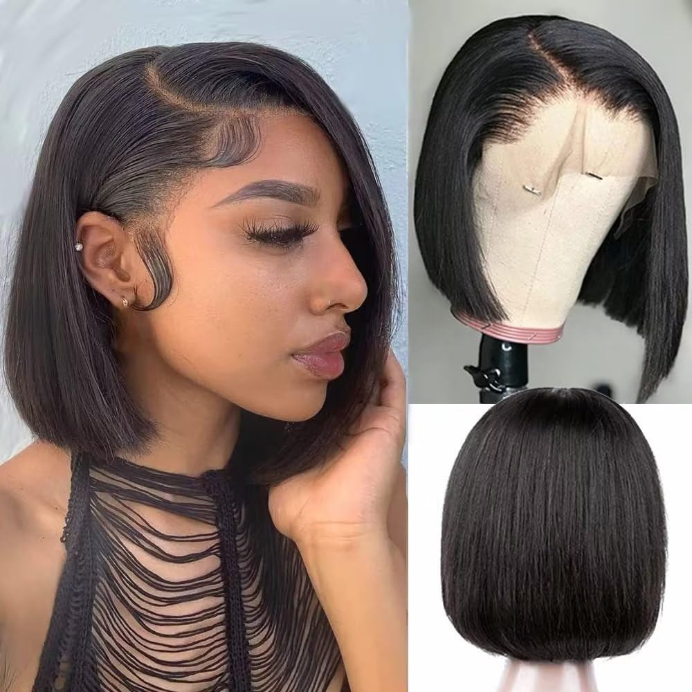 Akcswo Bob Wig 13x4 150% Density Frontal Black Short Bob Lace Front Wigs Pre Plucked Straight Bob Human Hair Wig 10 Inch