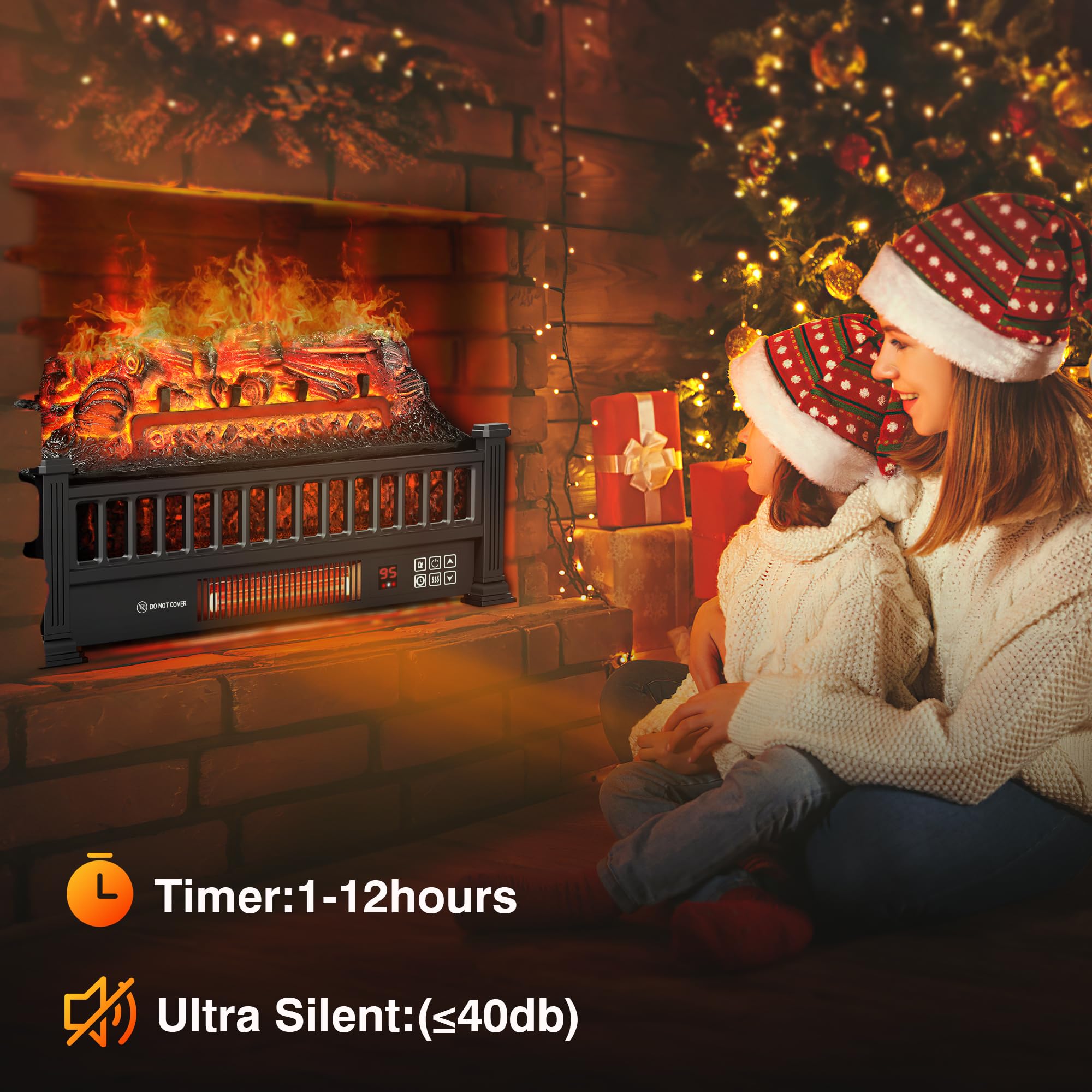 Alpaca Electric Fireplace Logs 20-Inch, Remote Controller Fireplace Insert Log Heater, Adjustable Flame Colors, Realistic Fake firewood Flame, Overheat Protection, Timer, Thermostat, 1500W Black
