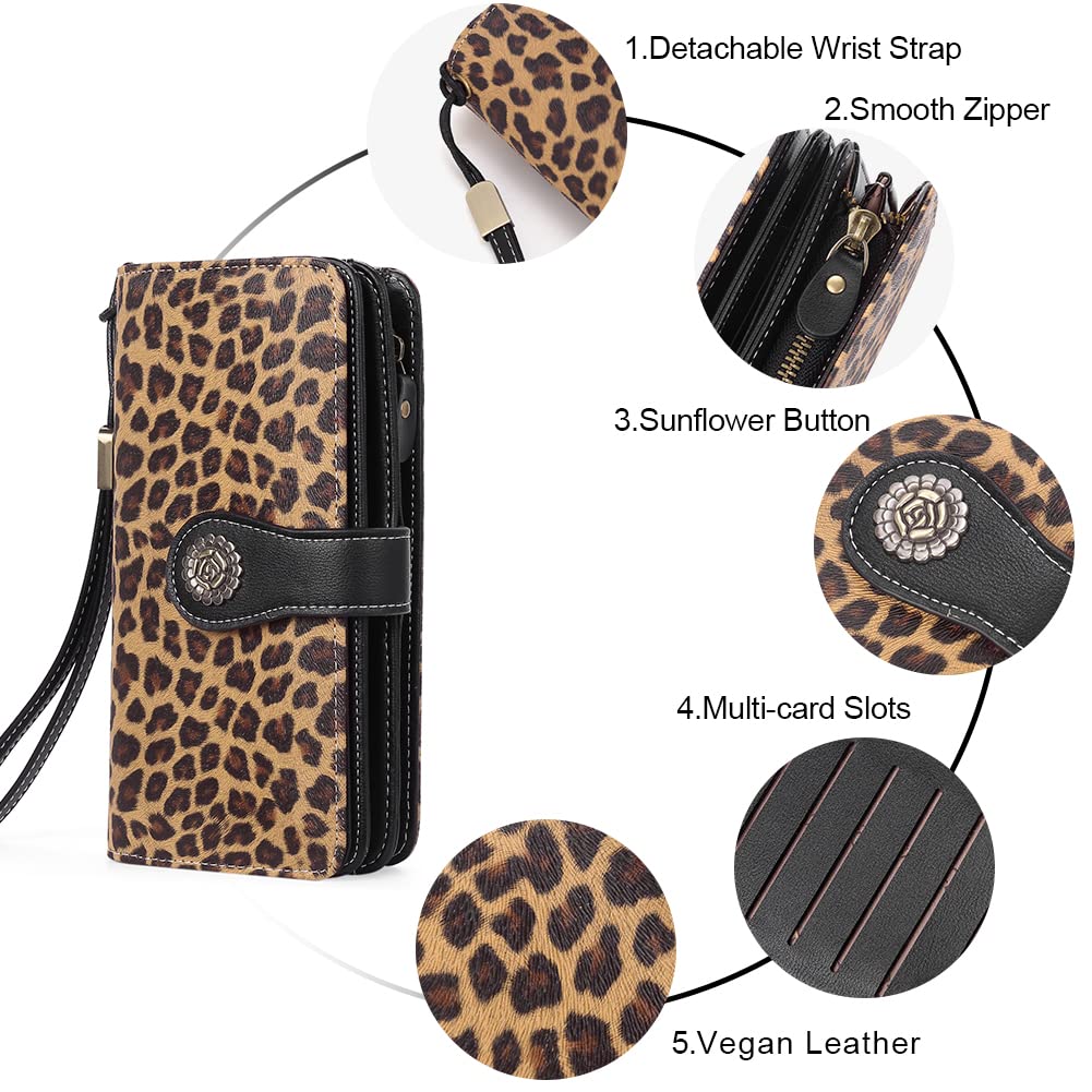 CLUCI Wallet for Women Leather Large Capacity Purse Wristlet Clutch RFID Blocking Credit Card Holder with ID Window Leopard