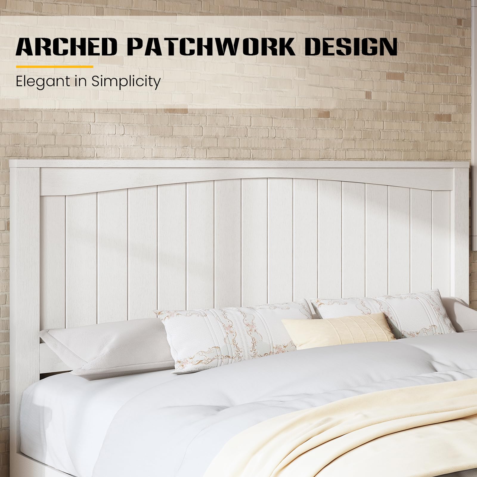 Albott Queen Size Wood Bed Frame with Headboard, Platform Bed Frame with Wood Slat Support No Box Spring Needed/Easy Assembly, Rustic Pine, White