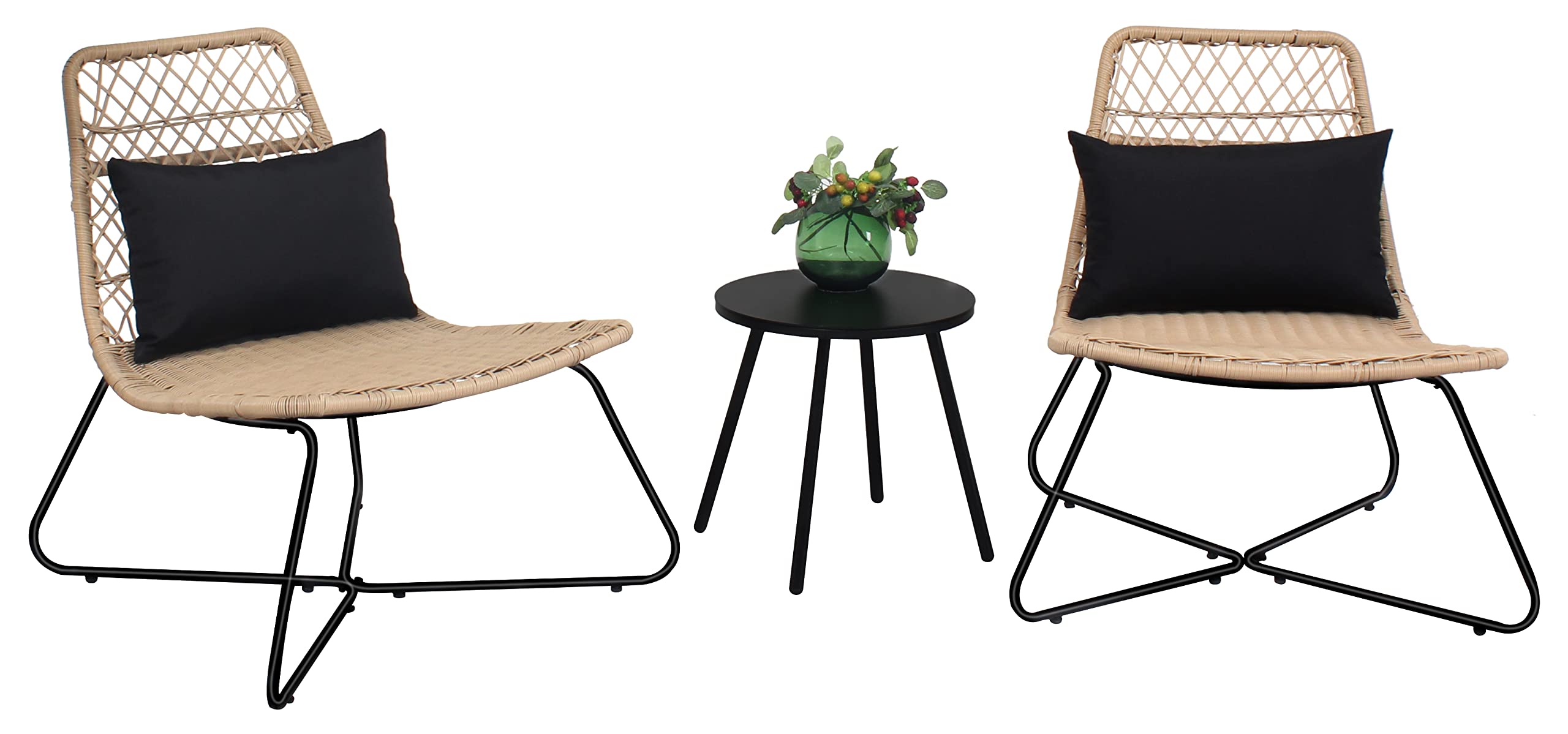 VARVIND 3-Piece Patio Bistro Set,Outdoor Wicker Conversation Bistro Sets with Side Table,Rattan Woven Rope Table Set with Lumbar Pillows,Patio Wicker Furniture for Garden,Balcony,Porch,Poolside(Black)