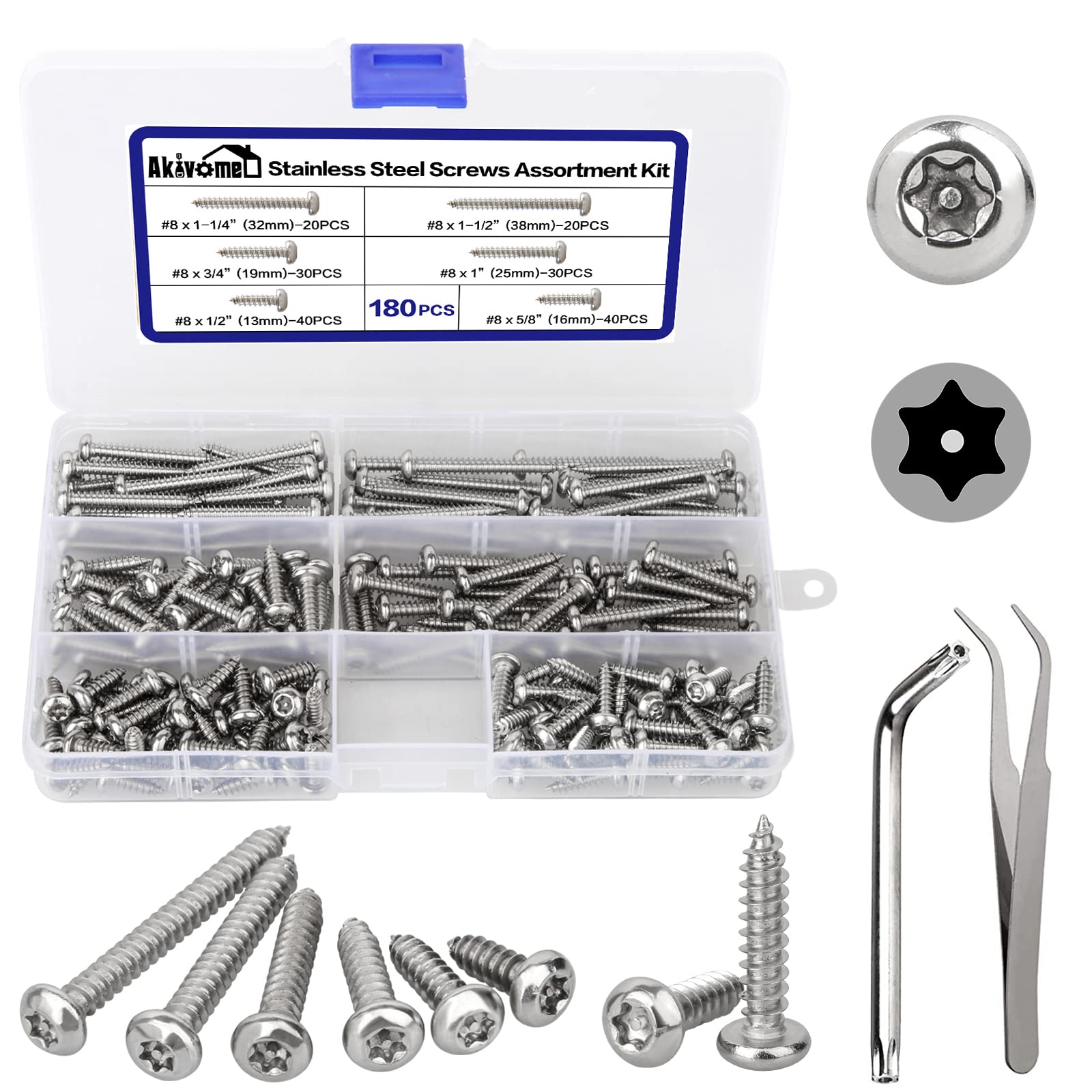 Akivome 180 Pcs #8 Button Head Torx Security Screws 304 Stainless Steel Anti-Theft Tamper Proof Screws Assortment Kit with T20 Bit (#8 x 1/2'', 5/8'', 3/4'', 1'', 1-1/4'', 1-1/2'')