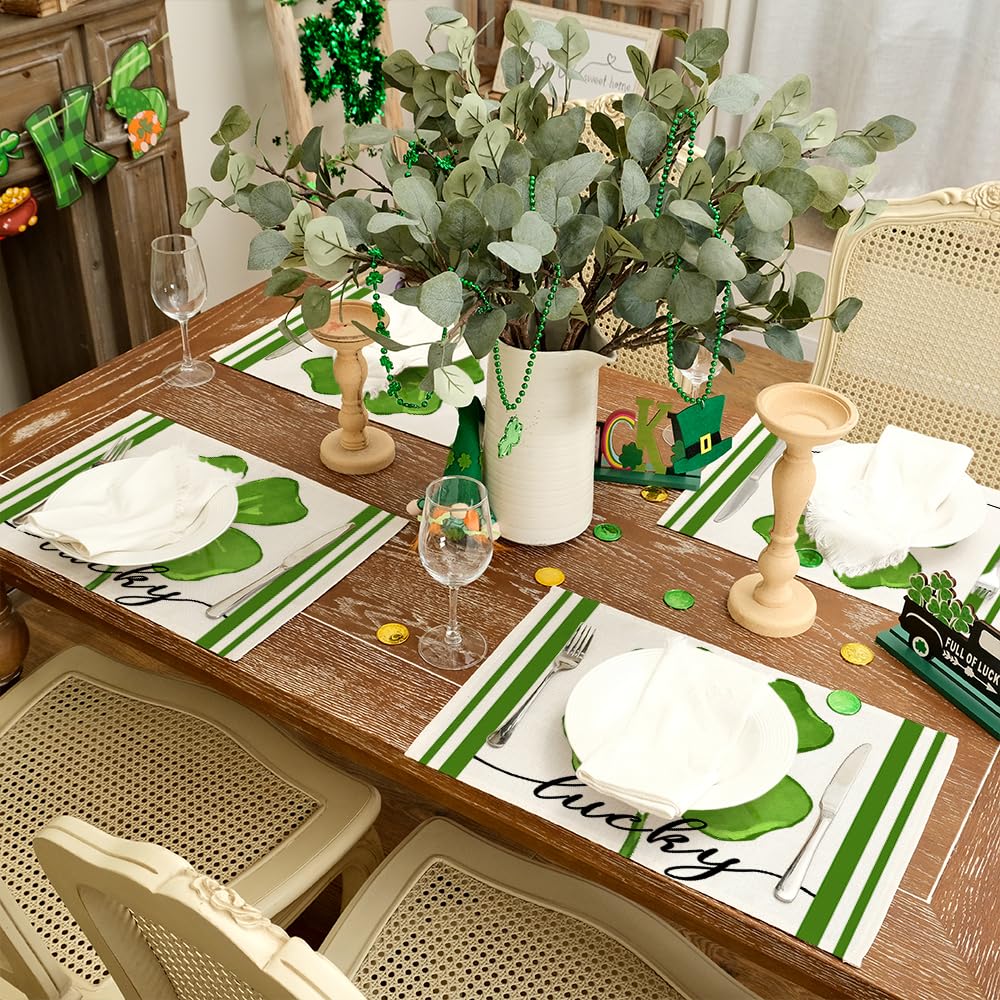 ARKENY St Patricks Day Placemats 12x18 Inches Set of 4, Green Shamrock Spring Seasonal Farmhouse Burlap Indoor Kitchen Dining Table Mats Decorations for Home Party AP032-18