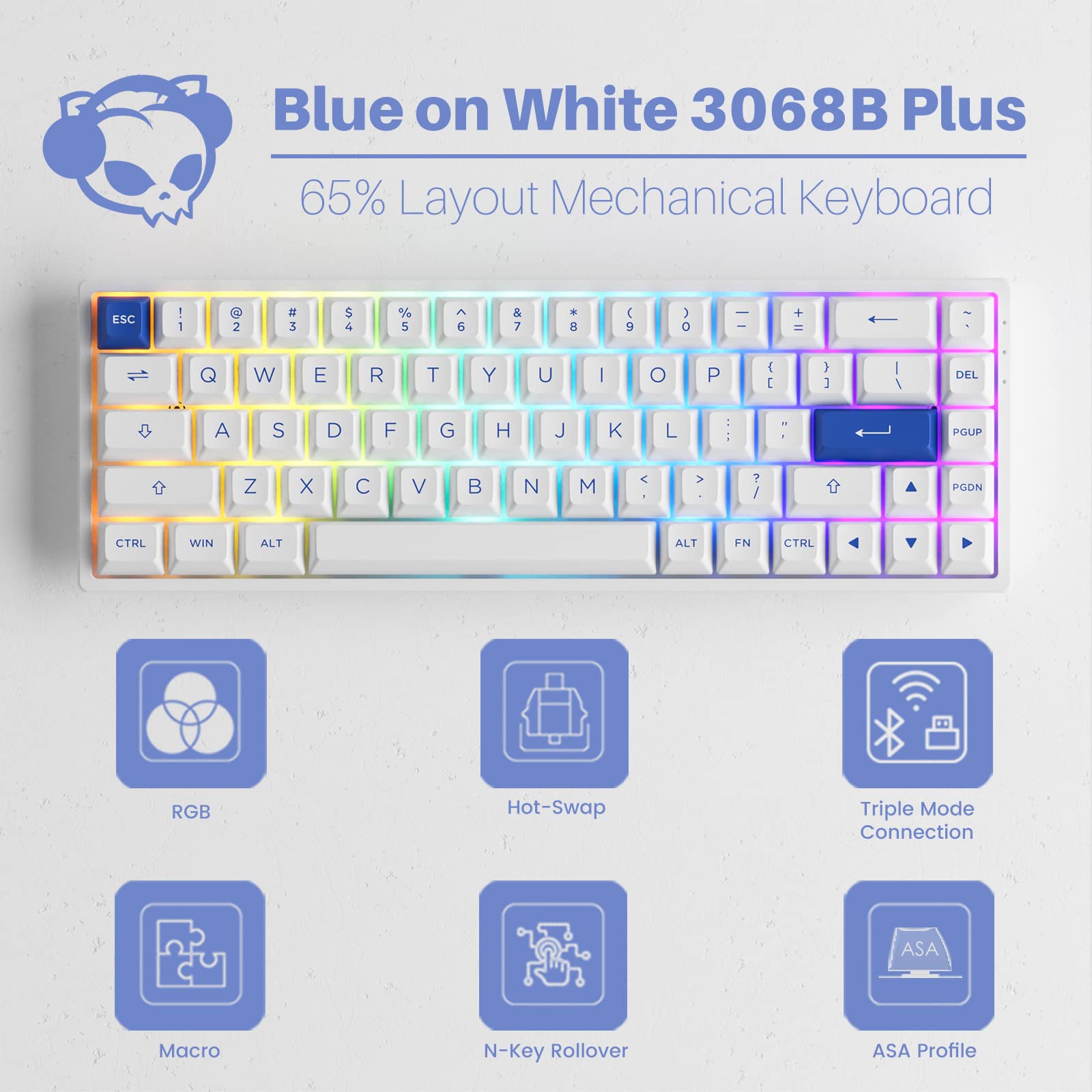 Akko Blue on White 3068B Plus Hot-swappable Mechanical Gaming Keyboard with PBT Keycaps, 2.4G Wireless/Bluetooth/Wired 65 Percent 68-Key RGB White Keyboard, Compatible with Mac & Win Jelly Pink