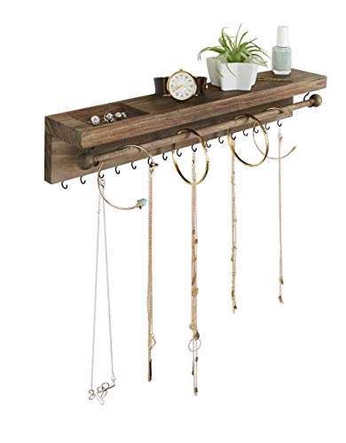 SoCal Buttercup Rustic Necklace Jewelry Organizer - Wall Mount Jewelry Holder - Mounted Hanging Jewelry Storage Hooks for Necklace, Earrings, and Rings - Farmhouse Wood Decor Bedroom Boho Shelf Rack