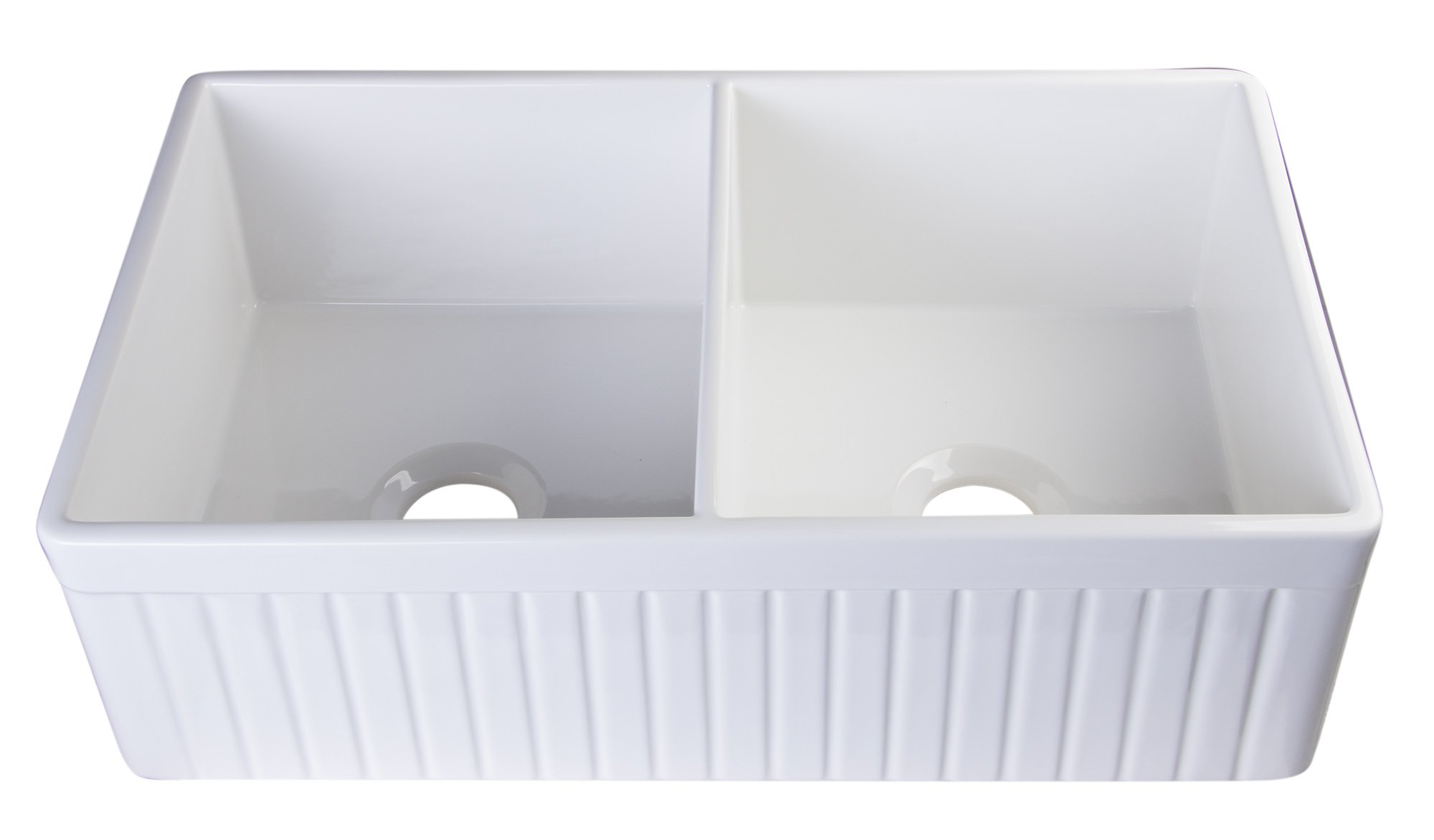 ALFI brand AB537 White 32-Inch Fluted Double Bowl Fireclay Farmhouse Kitchen Sink, White