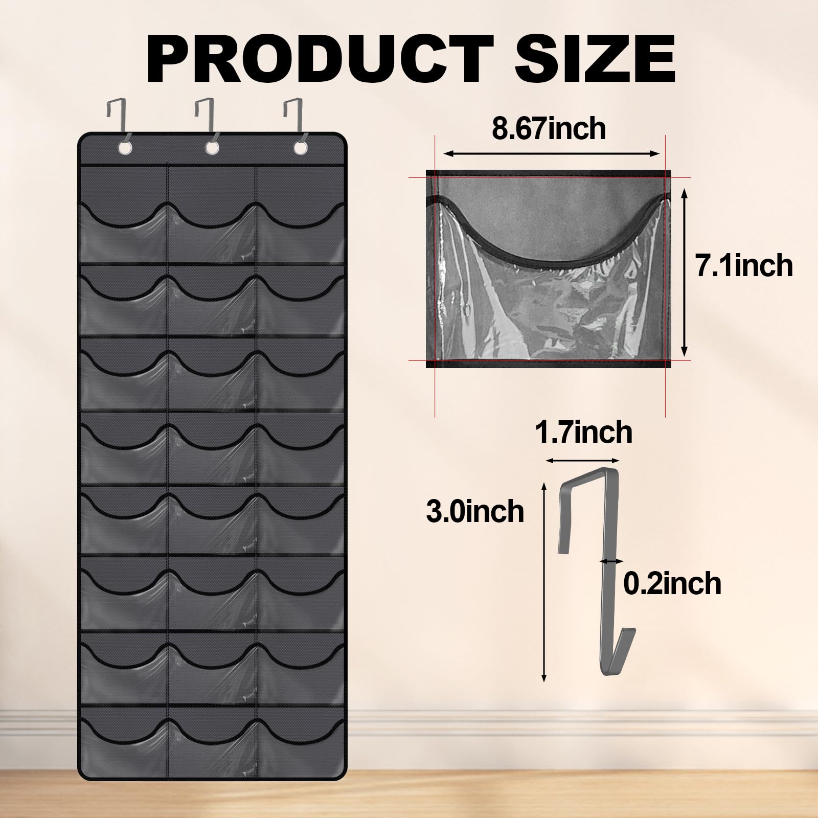 InterMaka Hat Rack for Door - 24 Clear Deep Pocket Cap Racks for Baseball Caps, Premium Hat Storage with 3 Sturdy Hooks, Versatile Hat Holder & Ball Hat Organizer for Optimal Display Grey