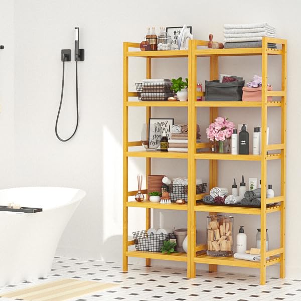 BeiBeGood Bookshelf, 5-Tier Bamboo Ladder Shelf 49” Tall Book Shelf Organizer, Free Standing Storage Unit for Bathroom/Living Room/Bedroom/Kitchen/Office,Rust Resistance,Natural