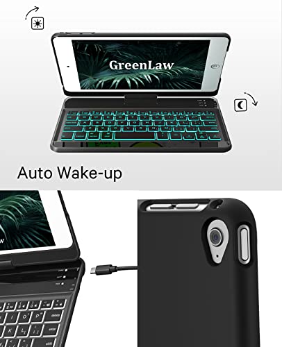 GreenLaw Keyboard case for iPad Mini 5/ Mini 4-360° Rotatable 180 Flip- 7 Colors Backlit - Wireless Smart Folio Auto Sleep/Wake Hard Cover fit for iPad Mini 5 2019(5th Gen)/ iPad Mini 4 2015, Black