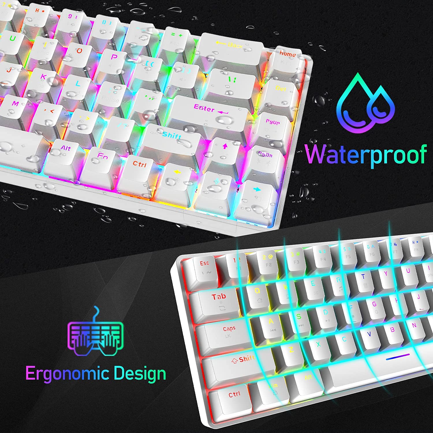 Compact 60% Mechanical Gaming Keyboard and Mouse Combo with Ergonomic Anti-ghosting 68 Key Rainbow RGB Backlight 6400DPI Honeycomb Mice Type-C Wired for PC Mac Gamer Office Typist(White/Blue Switch)