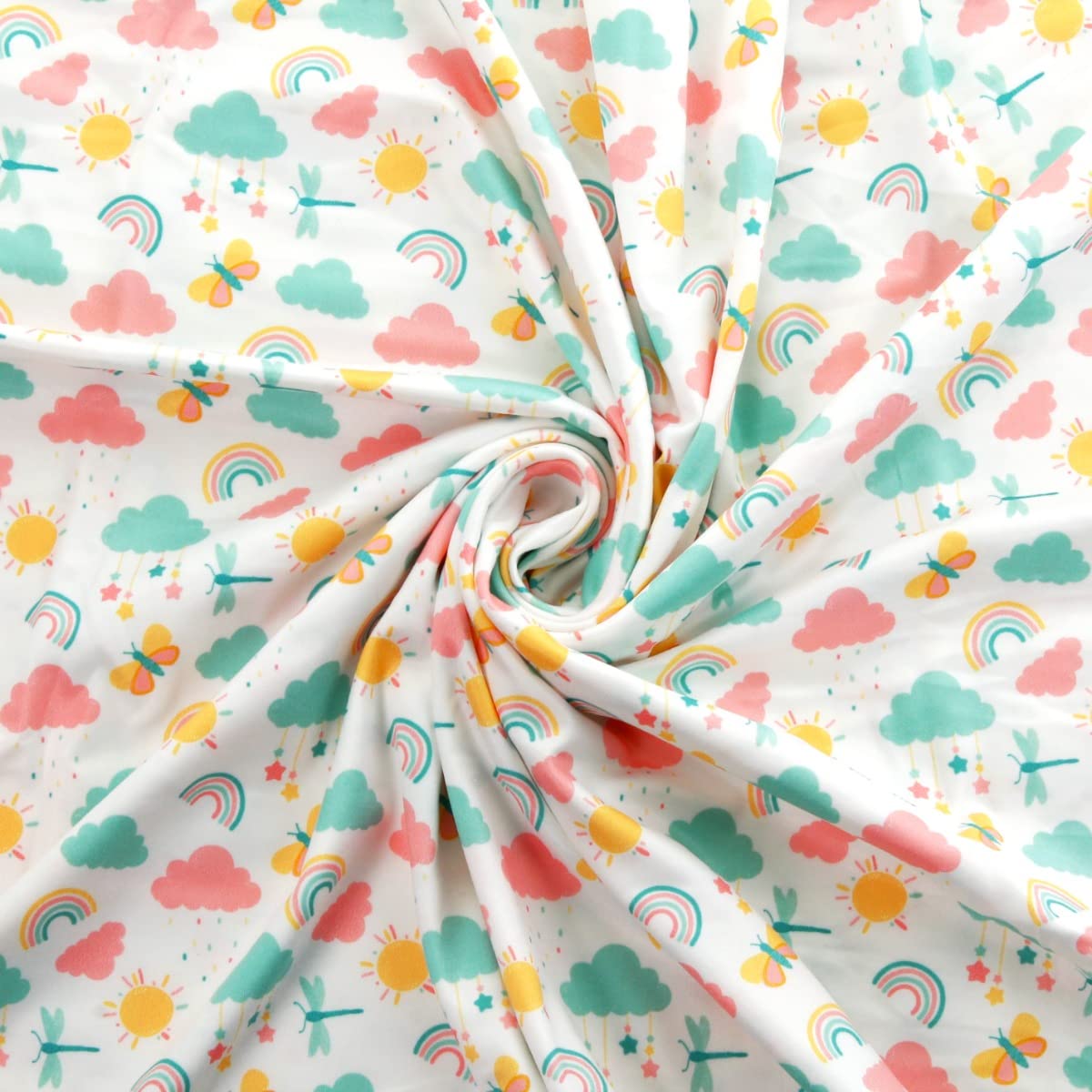Pastel Rainbows and Butterflies DBP Fabric - Double Brushed Polyester 4 Way Stretch - 1 Yard