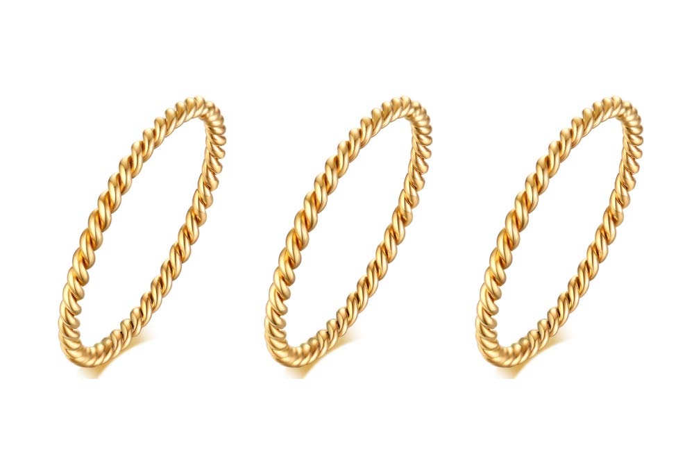 ailov 1.3mm Thin Twisted Rope Ring Stackable set of 3 Skinny Braided Shrimp Textured Stacking Ring Gold-plated (Gold, 8)