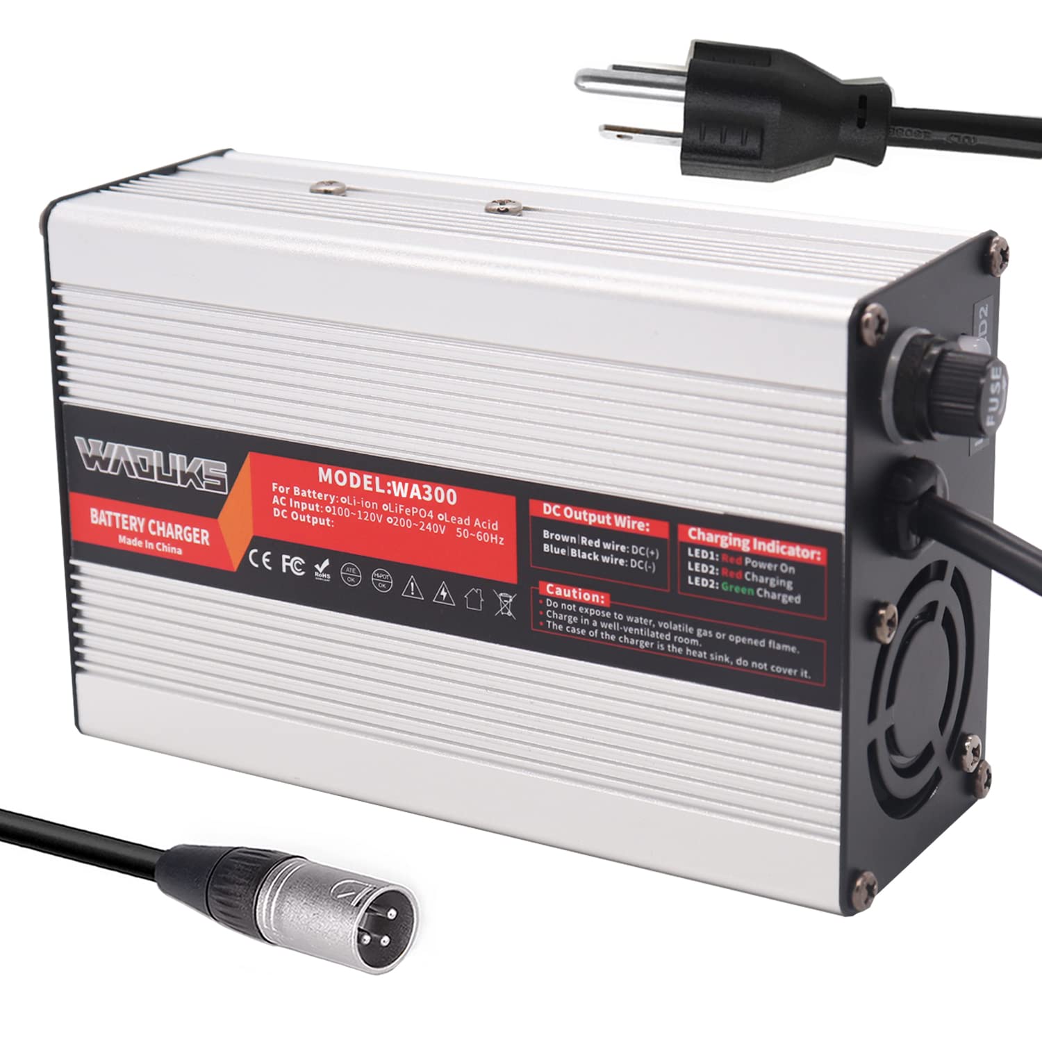 WAOUKS 58.8V 5A Li-ion Battery Charger with Cooling Fan Smart Charge Used for 14S 52V 51.8V Lithium Battery Pack Smart Charger Output XLR 3 Prong Connector