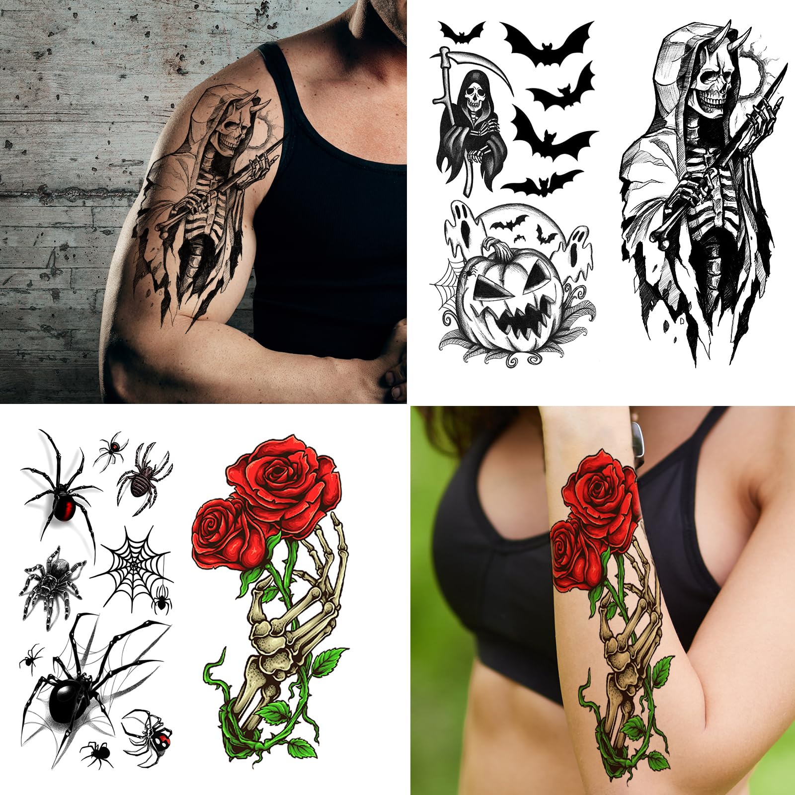 52 Sheets Black Temporary Tattoos for Kids Men and Women, Include 10 Sheets Large Half Arm Sleeve Fake Tattoos, 200+ PCS Spider Scorpion Snake Tiger Lion Skull Bat Vampire Scar Fake Tattoo Sticker