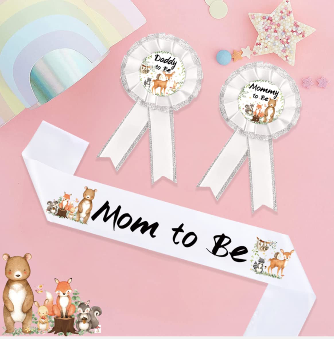 AICHENGZI Woodland Creatures Baby Shower Sash Mom to Be & Daddy To Be Corsage Party Decorations