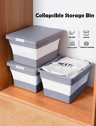 Beinilai Collapsible Storage Bins with lids,26 Qt Plastic Storage Bin Containers Tote Organizing with Secure Buckles,Suitable for Family Outdoor Multi-scene,Grey