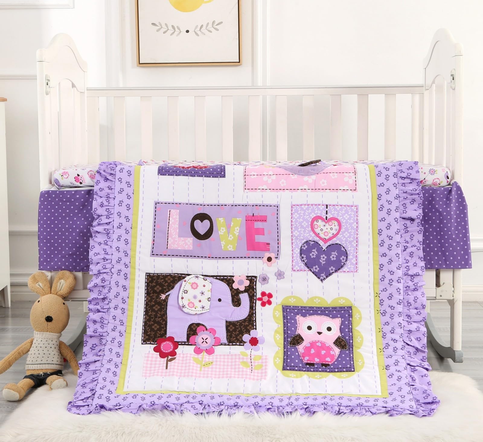 Wowelife Elephant Crib Bedding Set 100% Cotton 3-Piece Baby Bedding Set Purple Elephant Owl Nursery Bedding Set Crib Sheet Sets for Boy and Girl