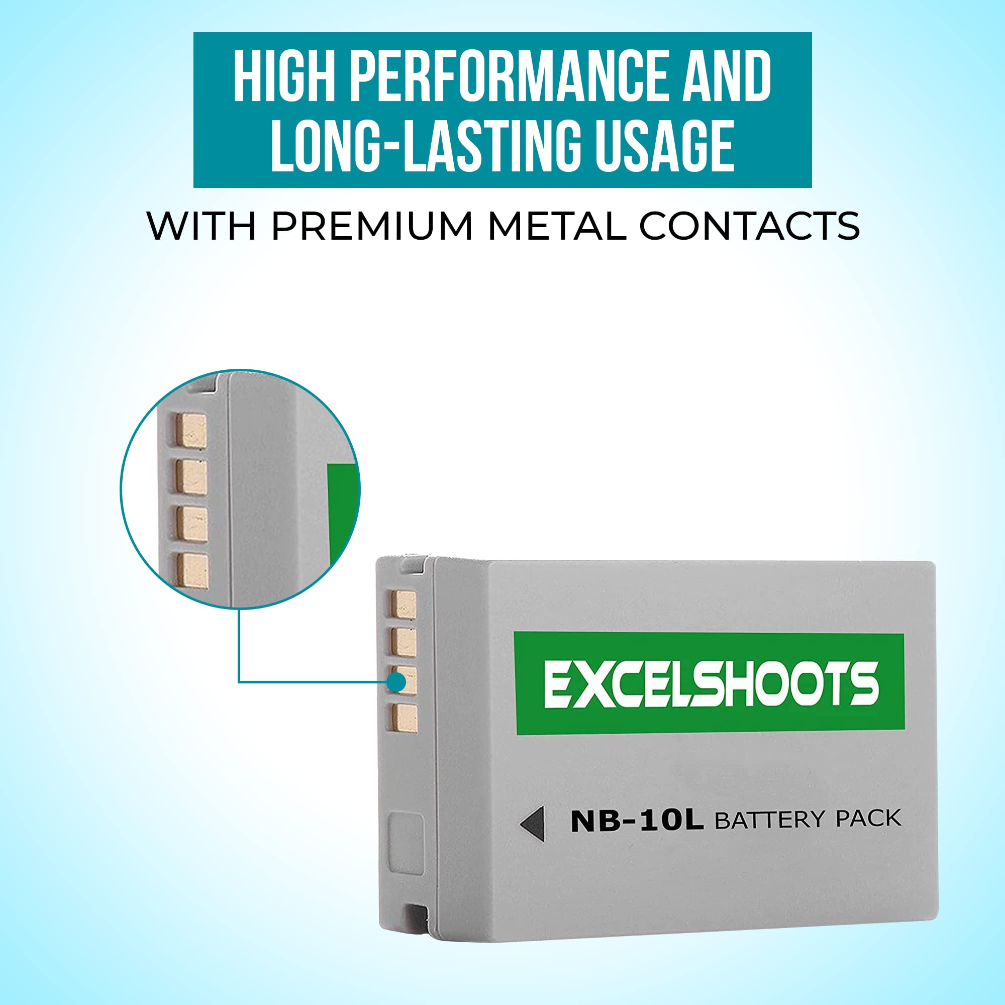 Excelshots CB-2LC Battery Charger + Professional NB-10L Li-ion Battery Pack| Battery Charger| Compatible with Canon PowerShot SX40 HS, SX50 HS, SX60 HS, G1X, G3X, G15, G16, Digital Camera
