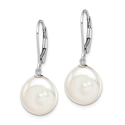 925 Sterling Silver White 12mm Coin Freshwater Cultured Pearl Drop Dangle Earrings