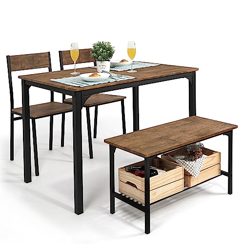 CAPHAUS 4 Pieces Dining Table Set for 4 w/Bench and Chairs, Modern Table Set for Dining Room, Home, Kitchen w/Storage Rack, Rectangle Table, Bench & Two Chairs, Space-Saving Dining Set, Teak Oak