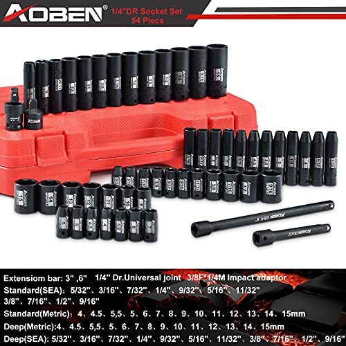 AOBEN 1/4-Inch Drive Impact Socket Set, 54 Pieces, 6 Point, SAE/Metric, (5/32" - 9/16" ,4mm -15mm),Deep/Shallow, Cr-V Steel, Includes Extension bars and Socket Adapter