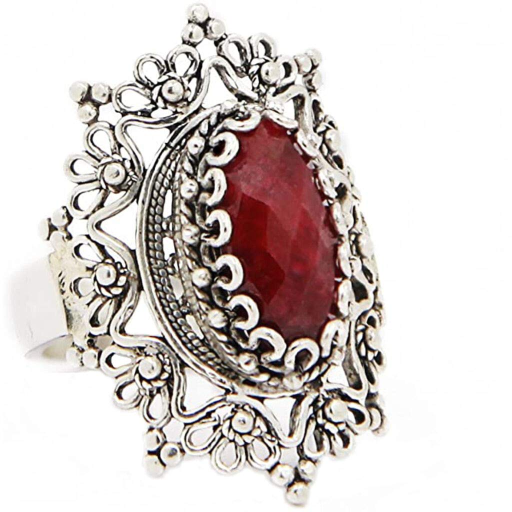 925 Sterling Silver Floral Ruby Ring - Handmade Filigree Ring (8)