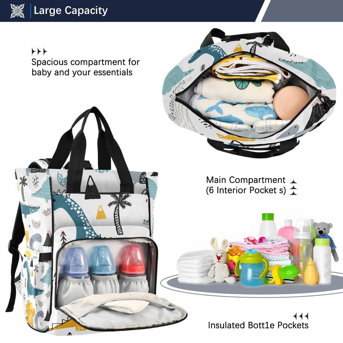 ALAZA Cute Dinosaur Palm Tree Diaper Bag Backpack Multifunction Travel Back Pack Large Capacity Bag