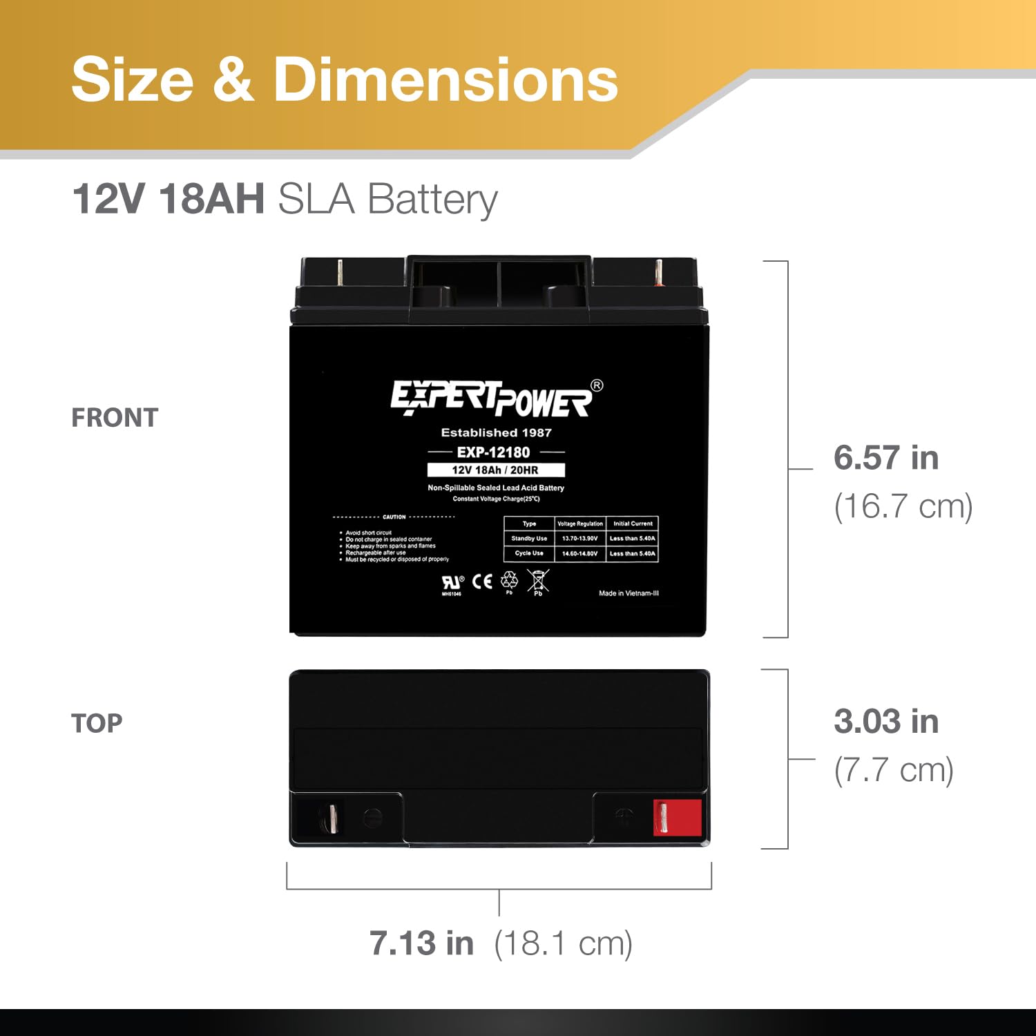 ExpertPower 12 Volt 18 Ah Rechargeable Battery With Nuts & Bolts Included || EXP12180