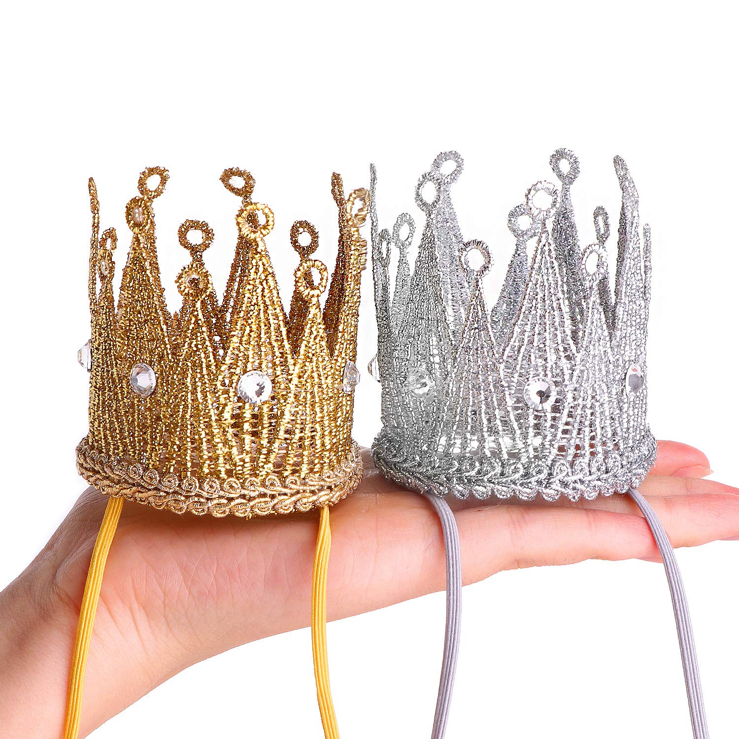 Qishare Baby Photo Prop Crown Elastic Headbands, 2Pcs Princess Tiara Crown Birthday Hat for Baby Boy Girl, Party Hat for Women (Gold+Silver)