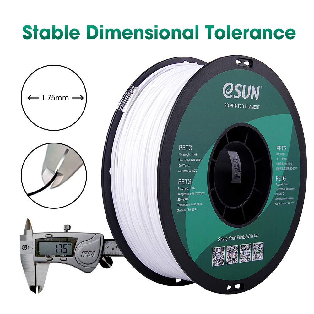 eSUN 3D 1.75mm PETG White Filament 1kg (2.2lb), PETG 3D Printer Filament, Dimensional Accuracy +/- 0.03 mm, 1.75mm Solid Opaque White