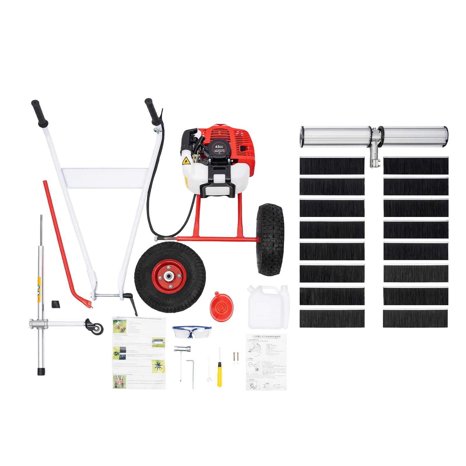 Outdoor Walk Behind Sweeping Gas Power Broom, 1.7HP 43CC Powerful Device with 2-Stroke Petrol Engine for Clean Driveways and Sidewalks, Parks and Other Flat Surfaces,Air-Cooled System